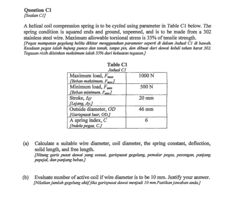 Solved A helical coil compression spring is to be cycled | Chegg.com
