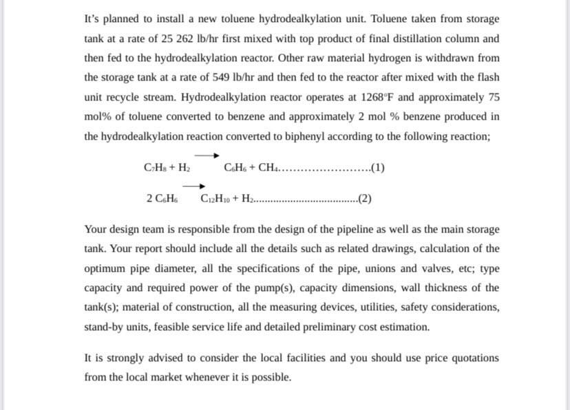 It's planned to install a new toluene | Chegg.com