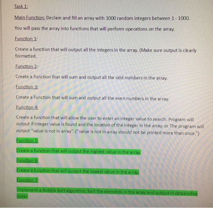 Solved Task 1: Main Function: Declare and fill an array with | Chegg.com