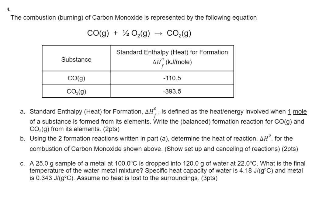 Solved The combustion (burning) of Carbon Monoxide is | Chegg.com