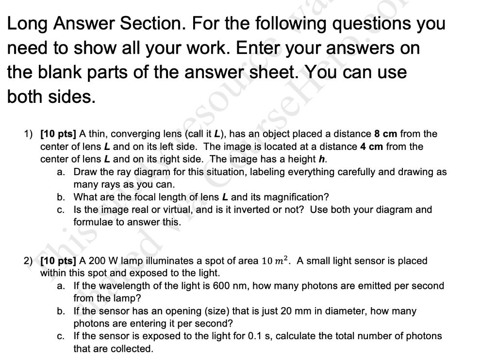 Solved Long Answer Section. For the following questions you | Chegg.com