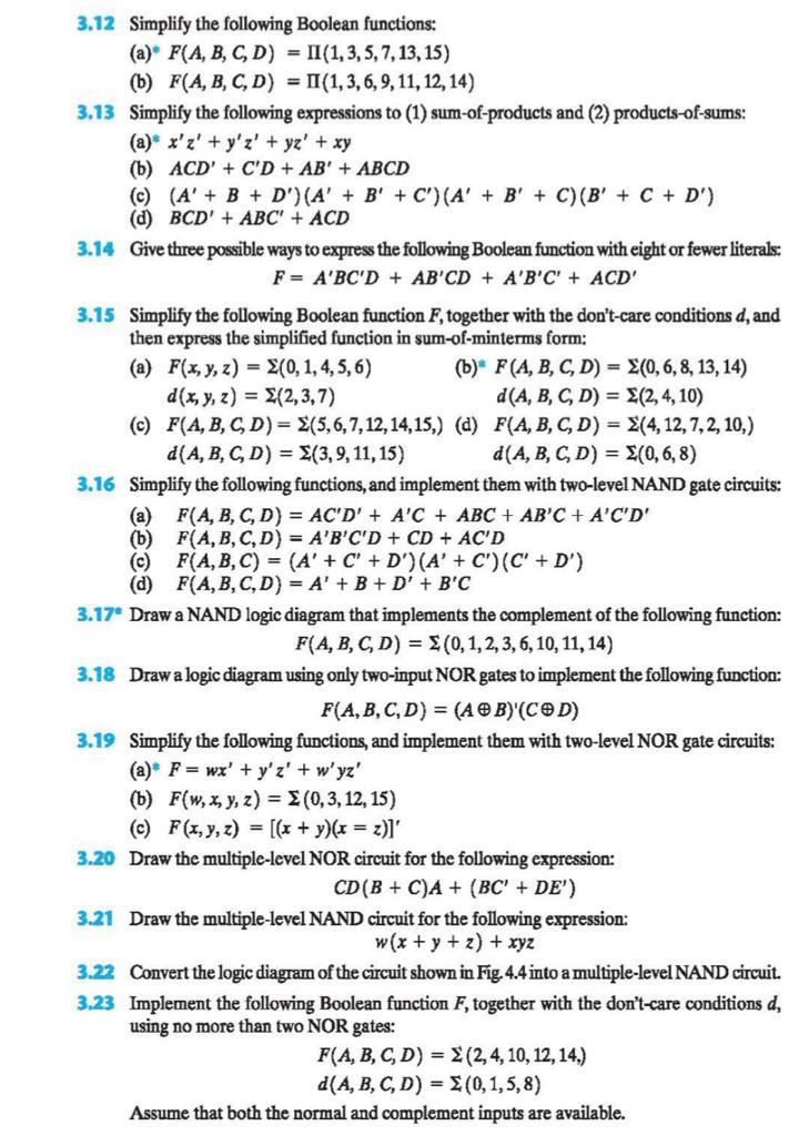 Solved 3.12 Simplify the following Boolean functions: (a) | Chegg.com