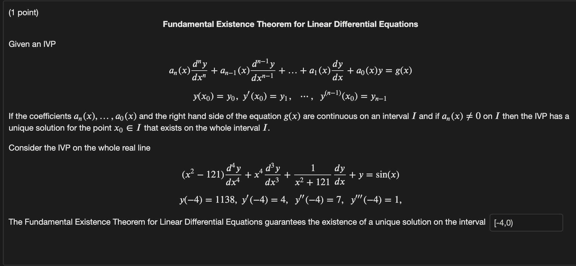 Solved (1 point) Fundamental Existence Theorem for Linear | Chegg.com