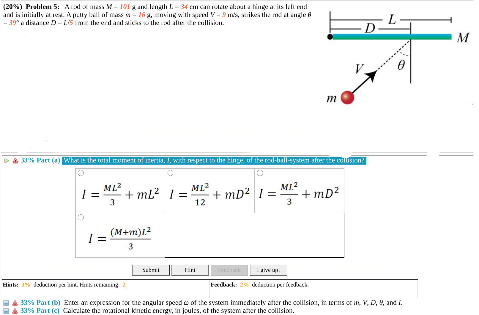 Solved (20\%) Problem 5: A rod of mass M=101 g and length | Chegg.com