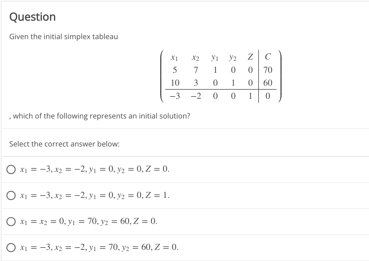 Solved Question Given the initial simplex tableau X1 X2 yi | Chegg.com