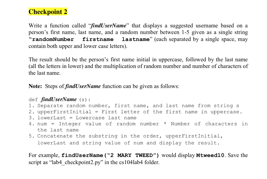 Solved Checkpoint 2 Write A Function Called Findusername