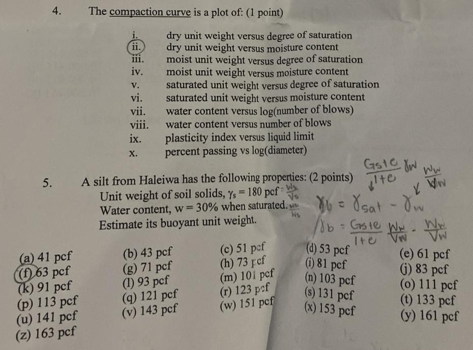 Solved 4. The compaction curve is a plot of: (1 point) X. Ww | Chegg.com