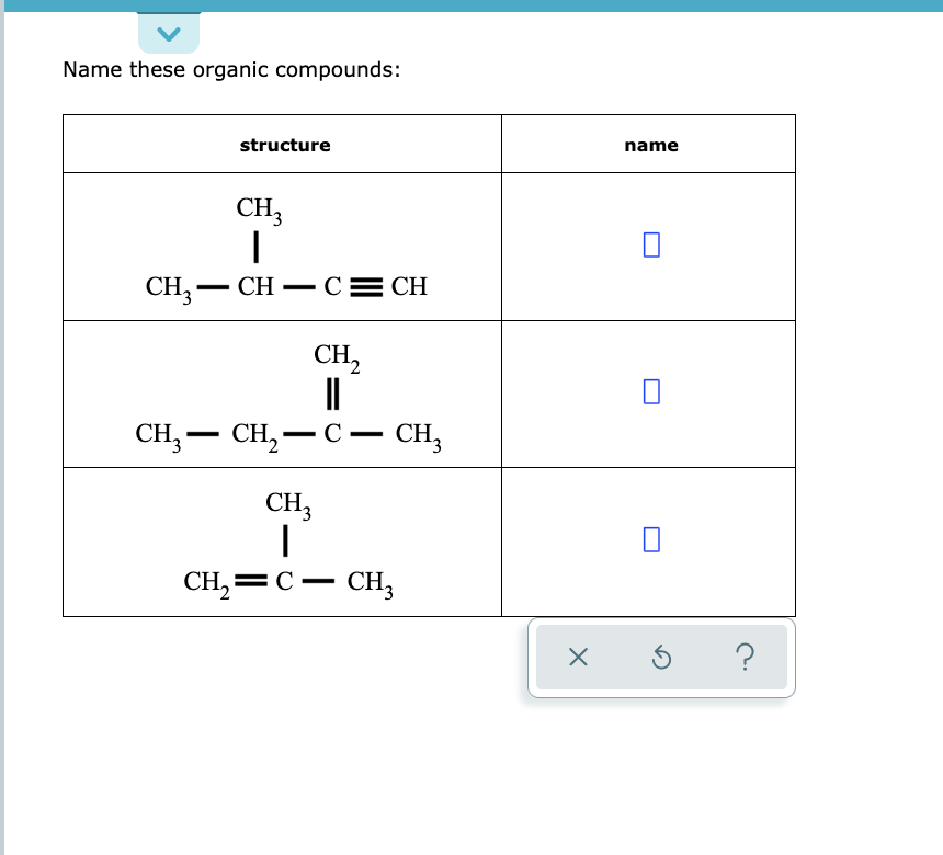 Solved Name these organic compounds: structure name CH, I | Chegg.com