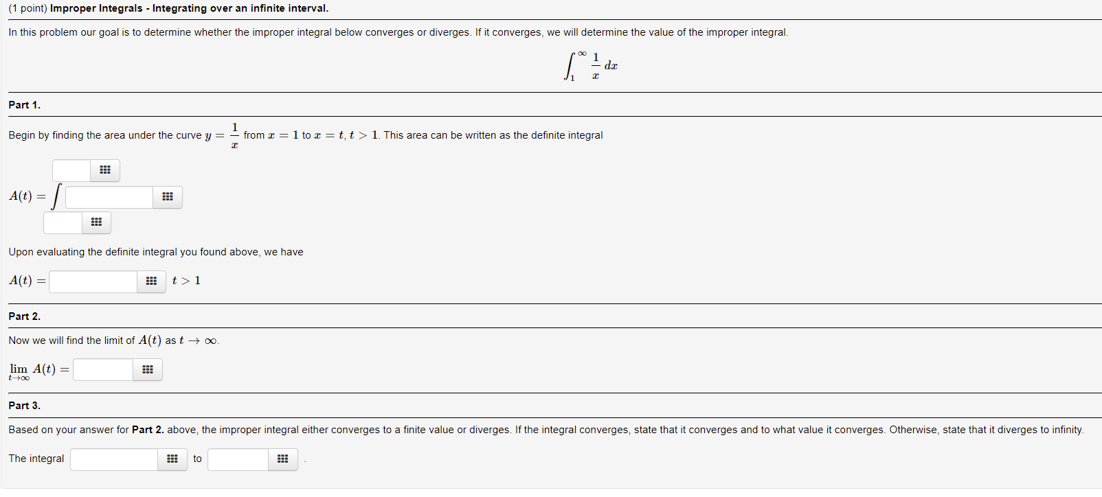 Solved (1 point) Improper Integrals - Integrating over an | Chegg.com