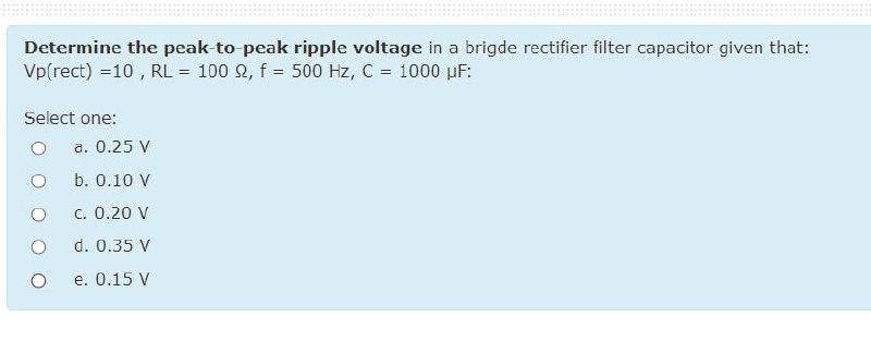 Solved Determine the peak-to-peak ripple voltage in a brigde | Chegg.com