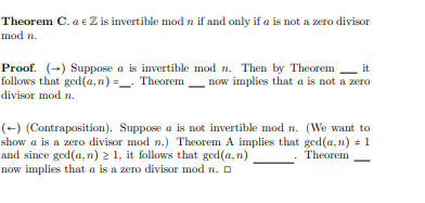 Solved C. a E Z is invertible mod n if and only if a is not | Chegg.com