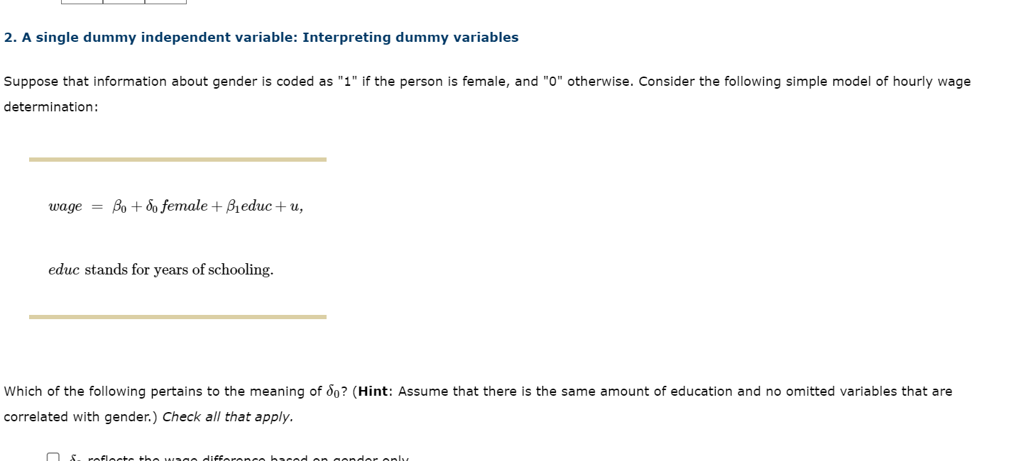 Solved A single dummy independent variable: Interpreting | Chegg.com