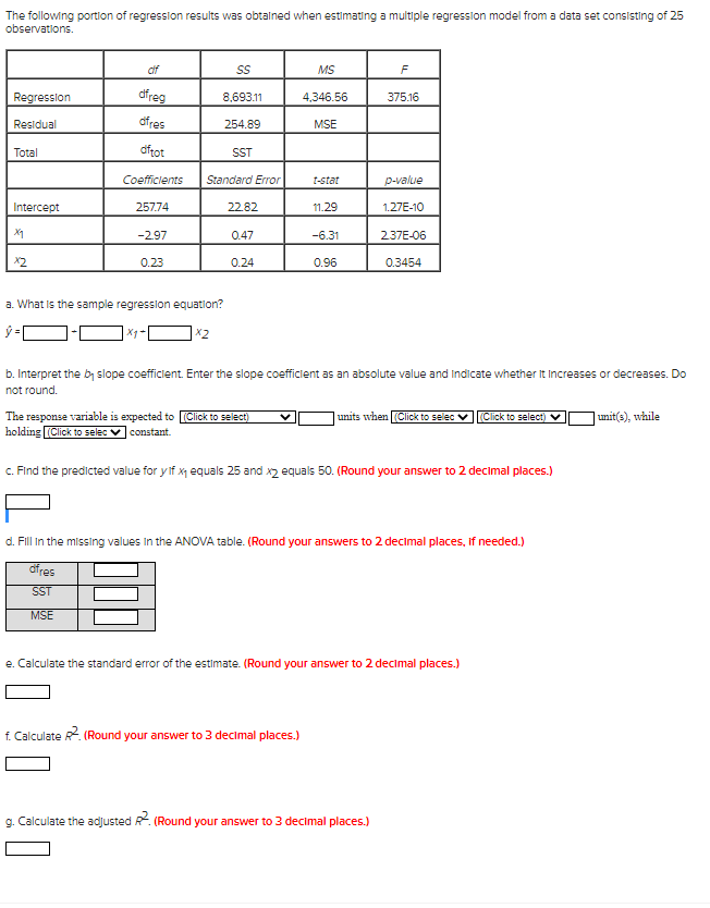 Solved The following portion of regression results was | Chegg.com