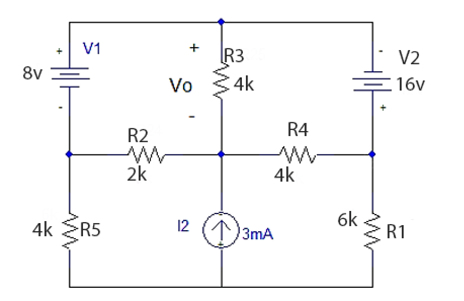 Solved + V1 + V2 8v R3 4k Vo 16v R2 R4 2k 4k 6k 4k SR5 12 | Chegg.com