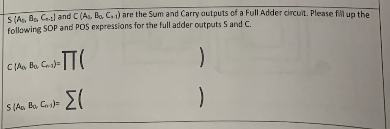 Solved S(A0,B0,Cn-1) ﻿and C(A0,B0,Cn-1) ﻿are the Sum and | Chegg.com