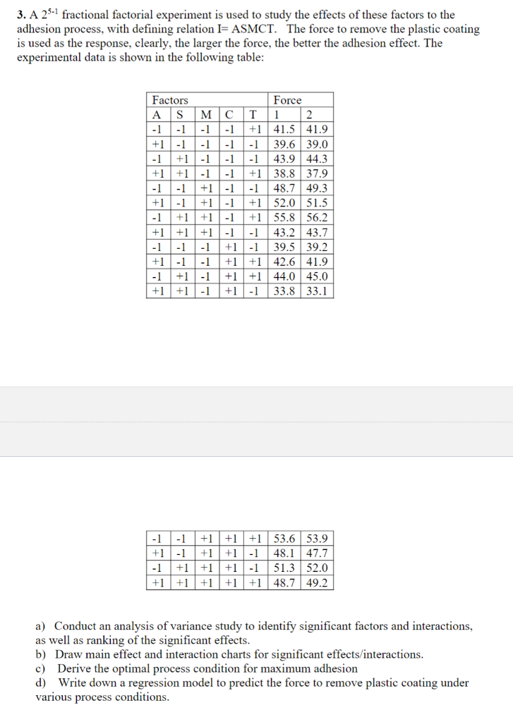 Solved 3. A 25−1 fractional factorial experiment is used to | Chegg.com