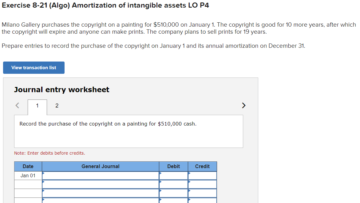 Solved Exercise 8-21 (Algo) Amortization of intangible | Chegg.com