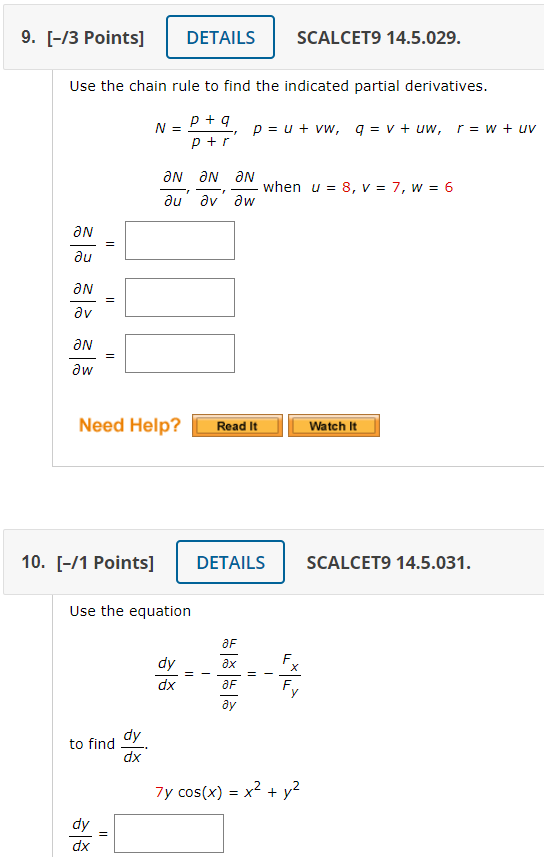 Solved -/3 Points] SCALCET9 14.5.029. Use the chain rule to | Chegg.com