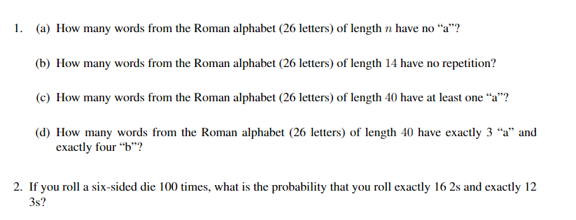Solved 1. (a) How many words from the Roman alphabet ( 26 | Chegg.com