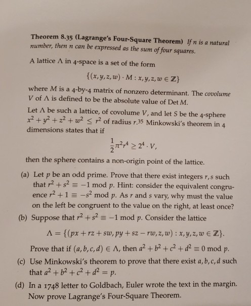 Solved Theorem 8.35 (Lagrange's Four-Square Theorem) lf n is | Chegg.com