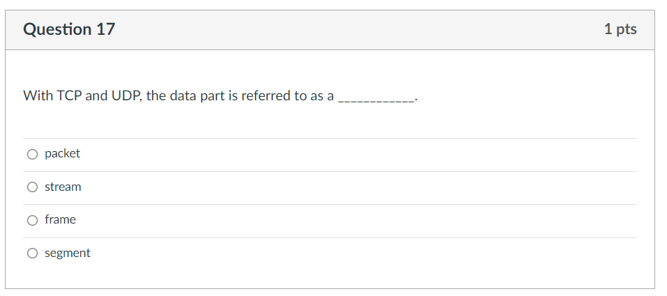Solved Question 17 1 pts With TCP and UDP, the data part is | Chegg.com