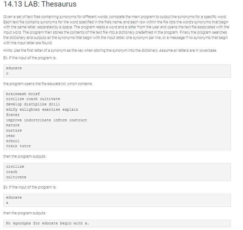 Solved 14 13 LAB Thesaurus Given A Set Of Text Files Chegg