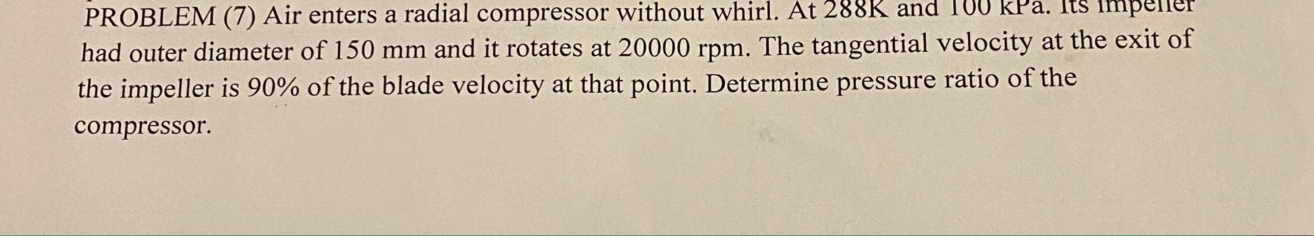 Solved PROBLEM (7) Air enters a radial compressor without | Chegg.com