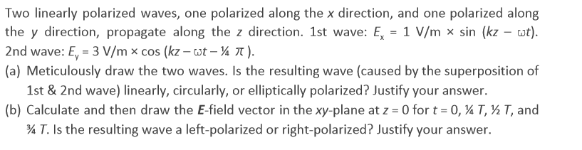 Solved Two linearly polarized waves, one polarized along the | Chegg.com