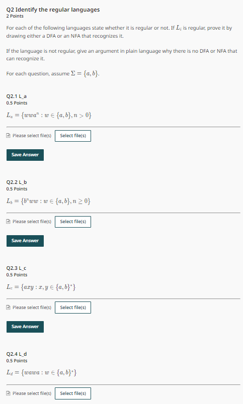 Solved Q2 ﻿Identify the regular languages2 ﻿PointsFor each | Chegg.com