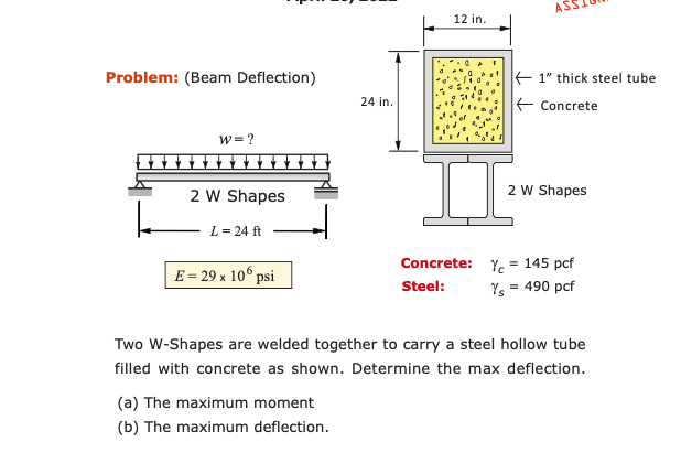 12 in. Problem: (Beam Deflection) 1" thick steel tube | Chegg.com