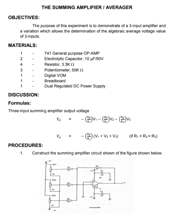 Solved THE SUMMING AMPLIFIER / AVERAGER OBJECTIVES: The | Chegg.com