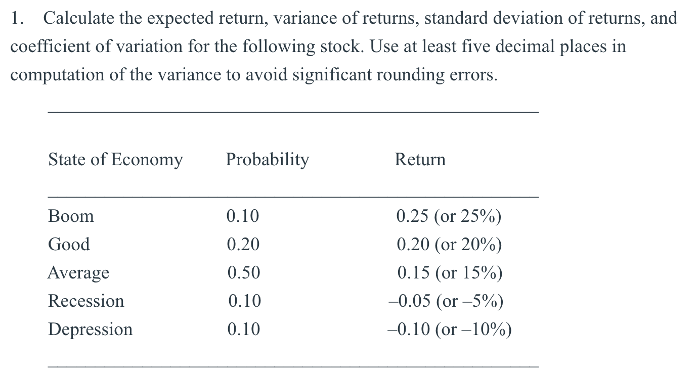 Solved 1. Calculate the expected return, variance of | Chegg.com