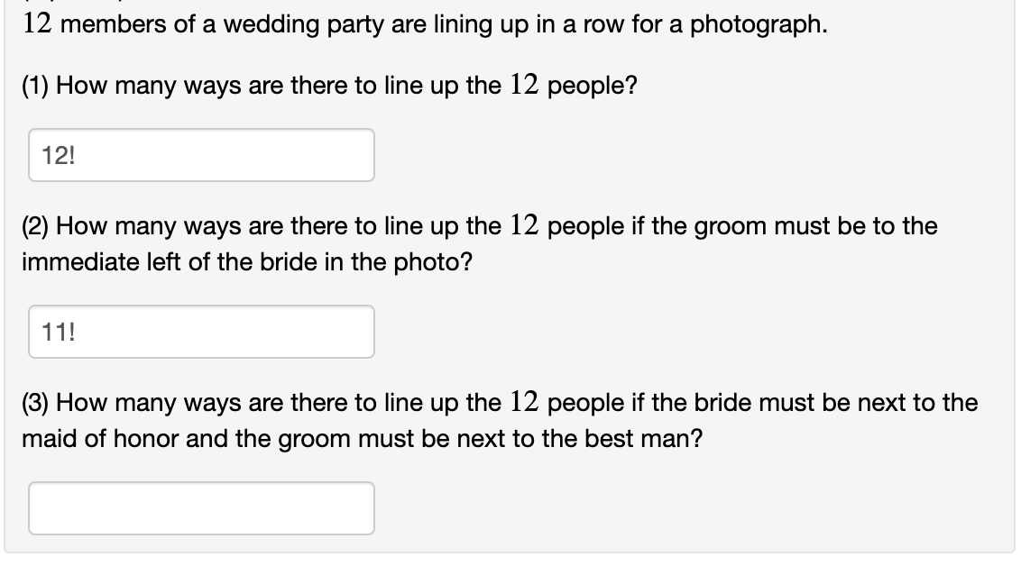Solved 12 members of a wedding party are lining up in a row | Chegg.com