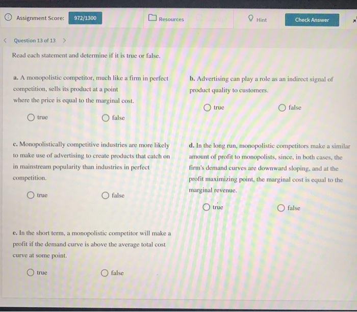 Solved O Assignment Score: Resources 972/1300 Hint Check | Chegg.com