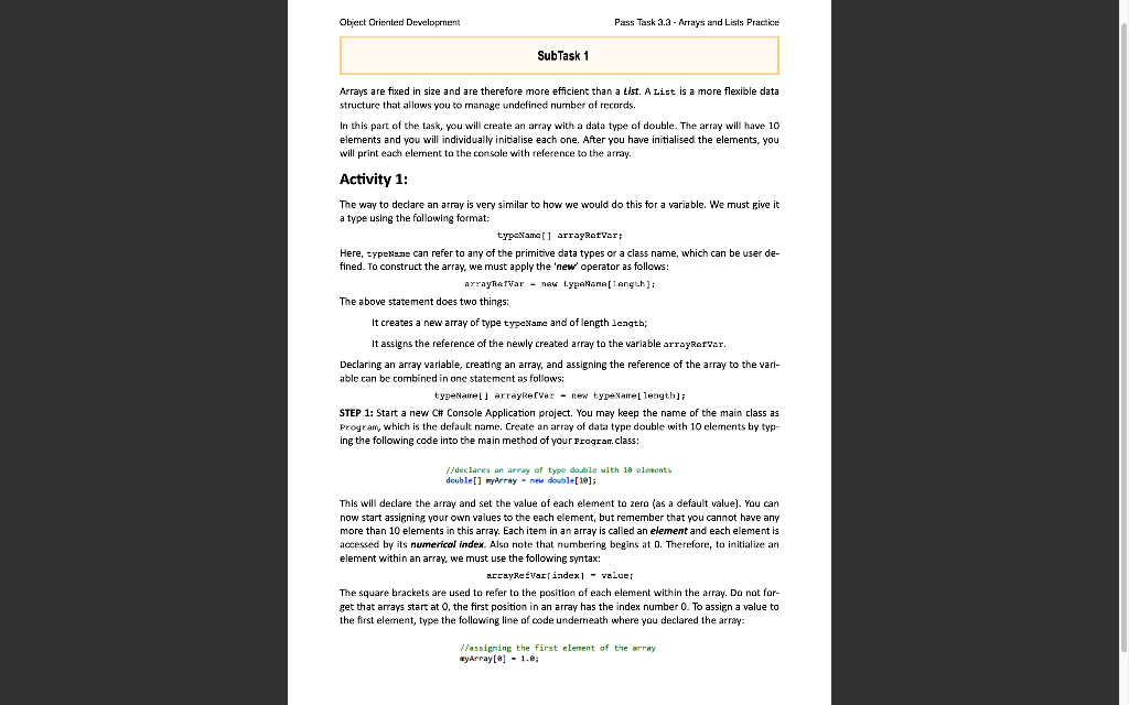 Solved Object Oriented Development Pass Task 2.3 - Arrays | Chegg.com