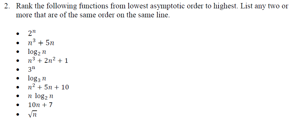 Solved 1. Given the following two functions: • f(n) = 3n2 + | Chegg.com