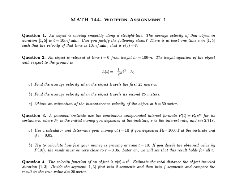 Solved MATH 144- WRITTEN ASSIGNMENT 1 Question 1. An object | Chegg.com