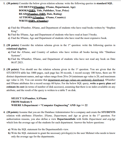 Solved 1. (30 points) Consider the below given relation | Chegg.com