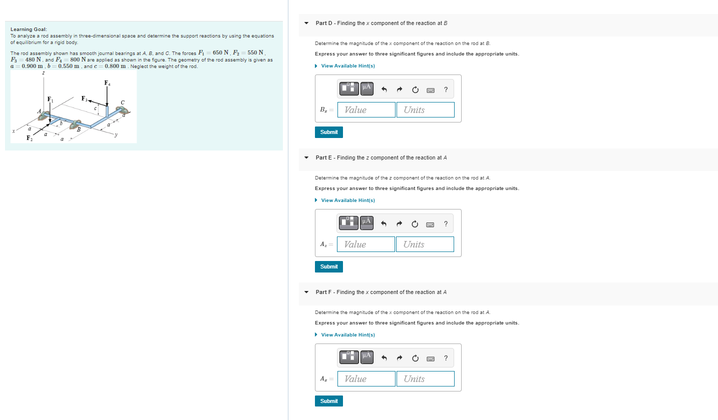 Solved - Part E - Finding the z component of the reaction at | Chegg.com