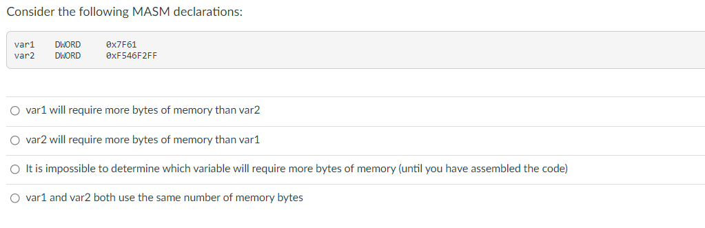 Solved Consider the following MASM declarations: vari var2 | Chegg.com