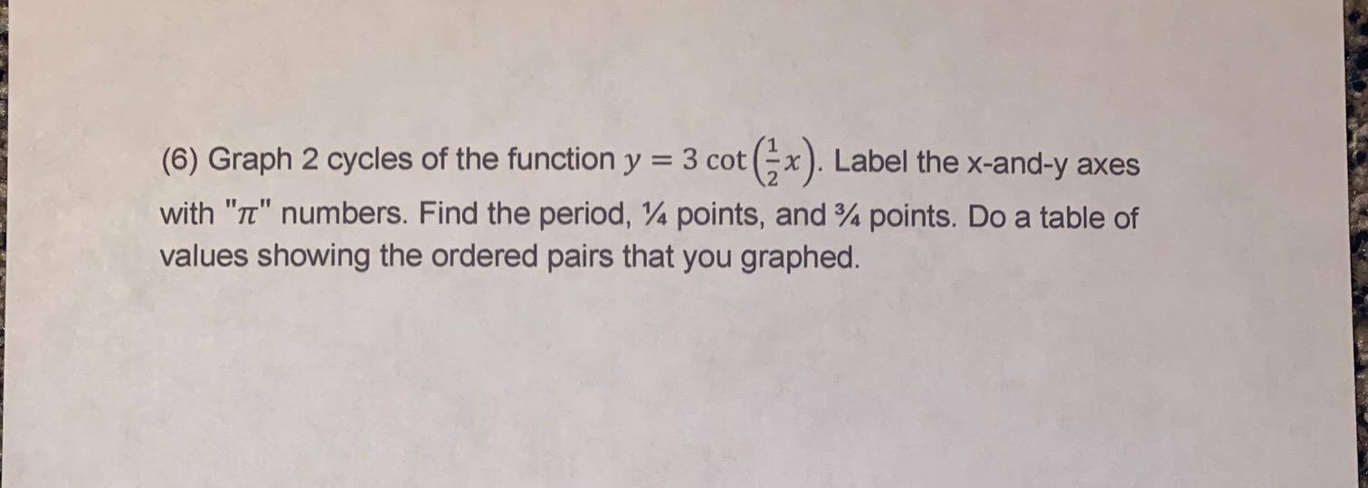 Solved (6) Graph 2 cycles of the function y = 3 cot (2x). | Chegg.com