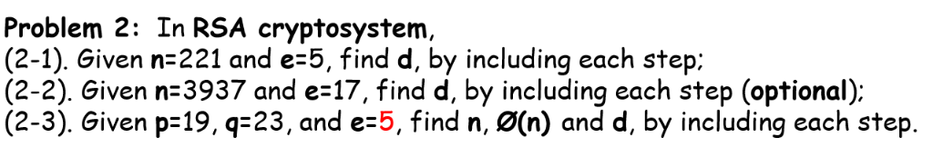 Solved Problem 2: In RSA cryptosystem, (2-1). Given n 221 | Chegg.com