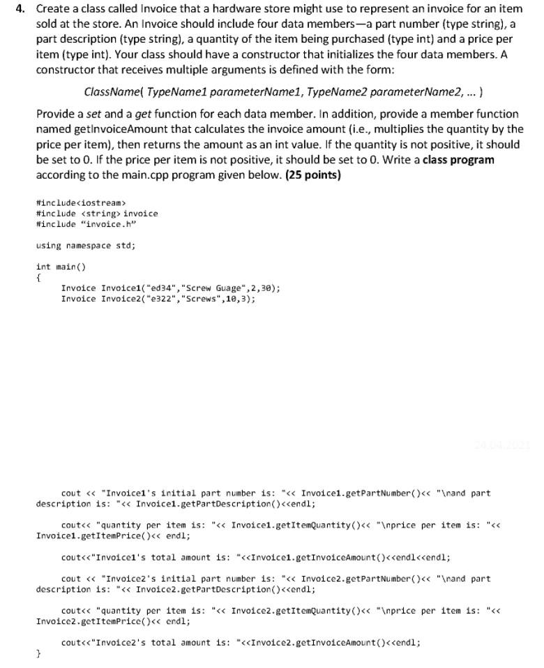 Solved 4. Create a class called Invoice that a hardware | Chegg.com