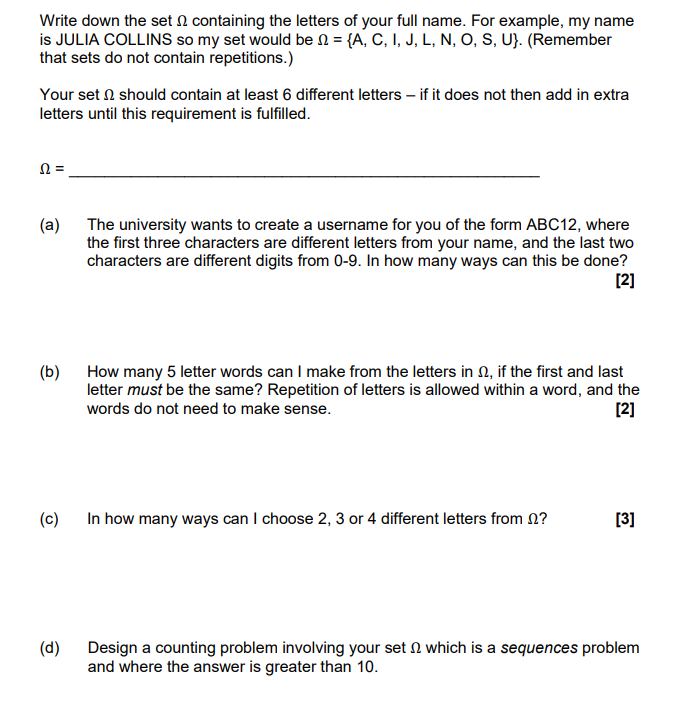 Solved Write down the set Ω containing the letters of your | Chegg.com