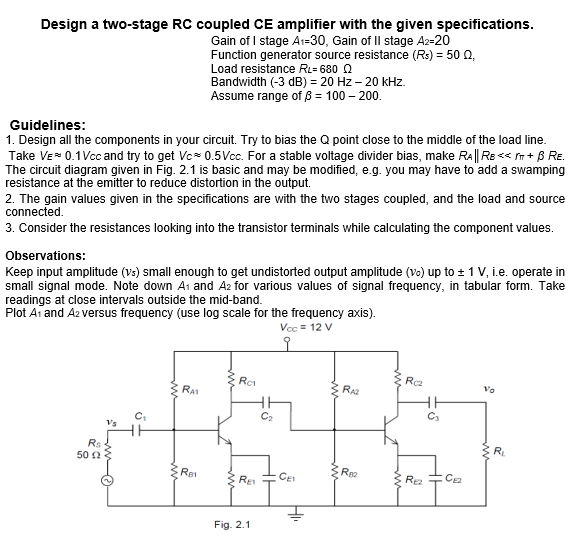 Solved Design a two-stage RC coupled CE amplifier with the | Chegg.com
