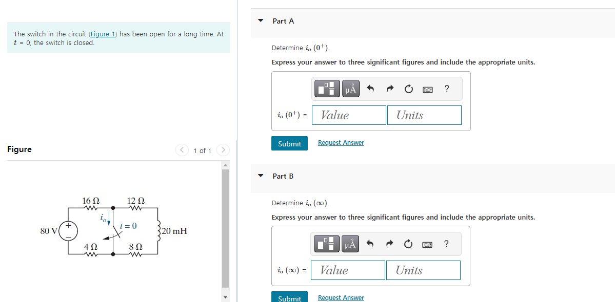 Solved The switch in the circuit (Figure 1) has been open | Chegg.com