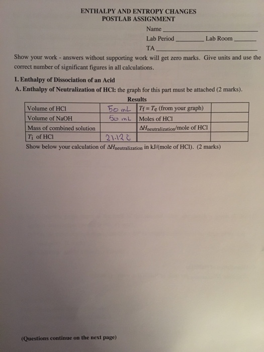 OBSERVATIONS SHEET EXPERIMENT T Enthalpy and Entropy | Chegg.com
