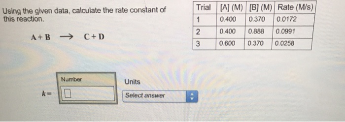 Solved Trial | [A] (M) | (M) | Rate (MS) Using the given | Chegg.com