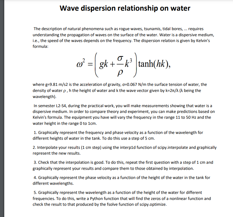 Solved Wave dispersion relationship on water The description | Chegg.com