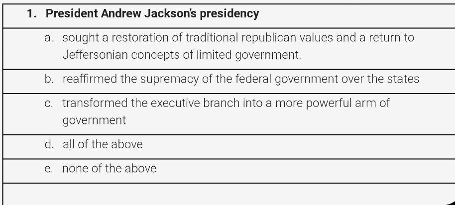 Solved 1. President Andrew Jackson's presidency a. sought a | Chegg.com
